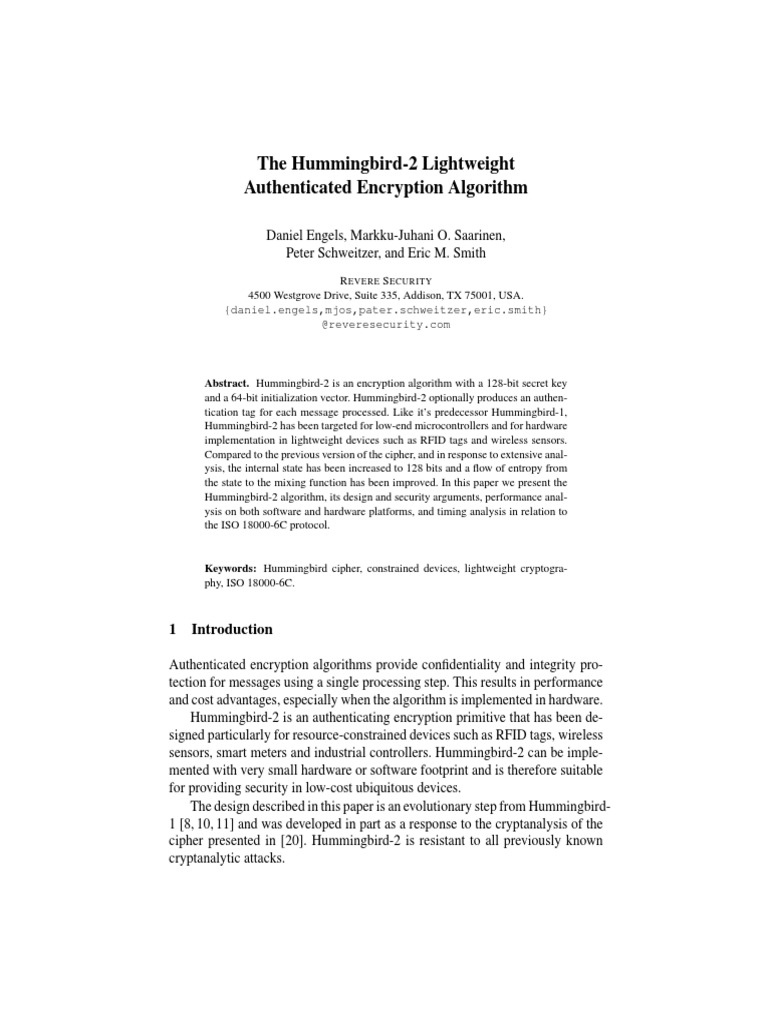 The Hummingbird-2 Lightweight Authenticated Encryption Algorithm | PDF | Cryptography ...