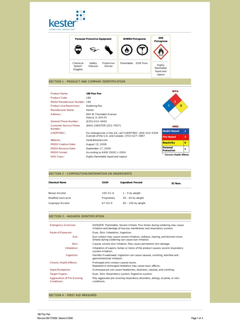 186 Flux Pen Msds | PDF | Personal Protective Equipment | Combustion
