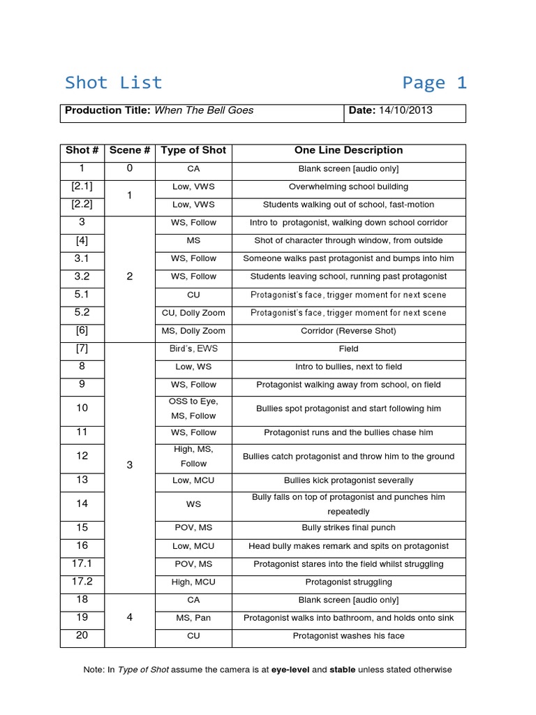 Film Shot List | PDF | Leisure