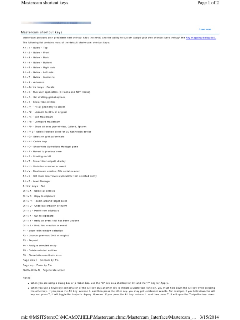 Mastercam Shortcut Keys | PDF | Keyboard Shortcut | Ibm Pc Compatibles