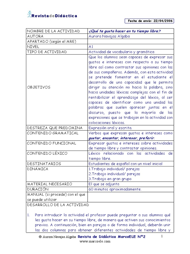 Actividades de Tiempo Libre A1 | PDF | Artes del Lenguaje y Comunicación