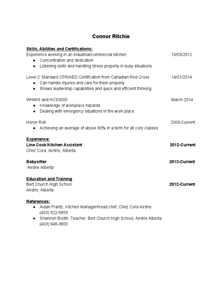 Connor Ritchie's Culinary Skills Resume | PDF