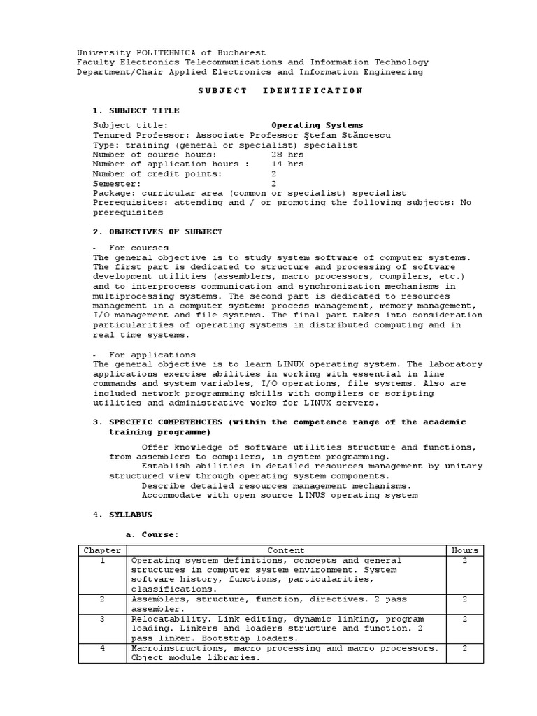 Fisa Disciplinei SO Eng | PDF | Library (Computing) | Operating System