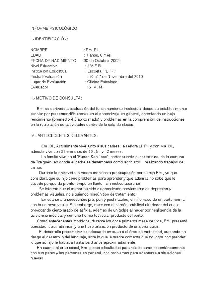 Ejemplo INFORME PSICOLÓGICO | PDF | Memoria | Desorden hiperactivo y deficit de atencion