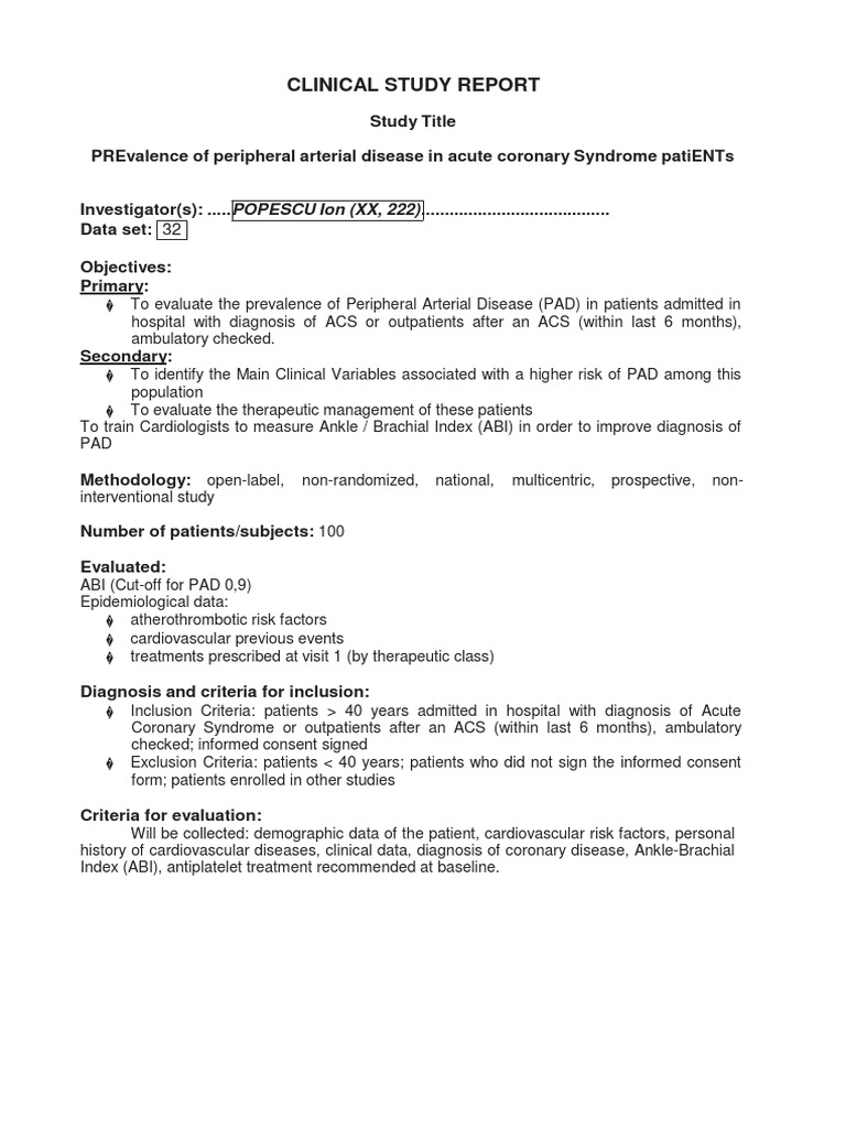 Clinical Study Report | PDF | Cardiovascular Diseases | Coronary Artery Disease