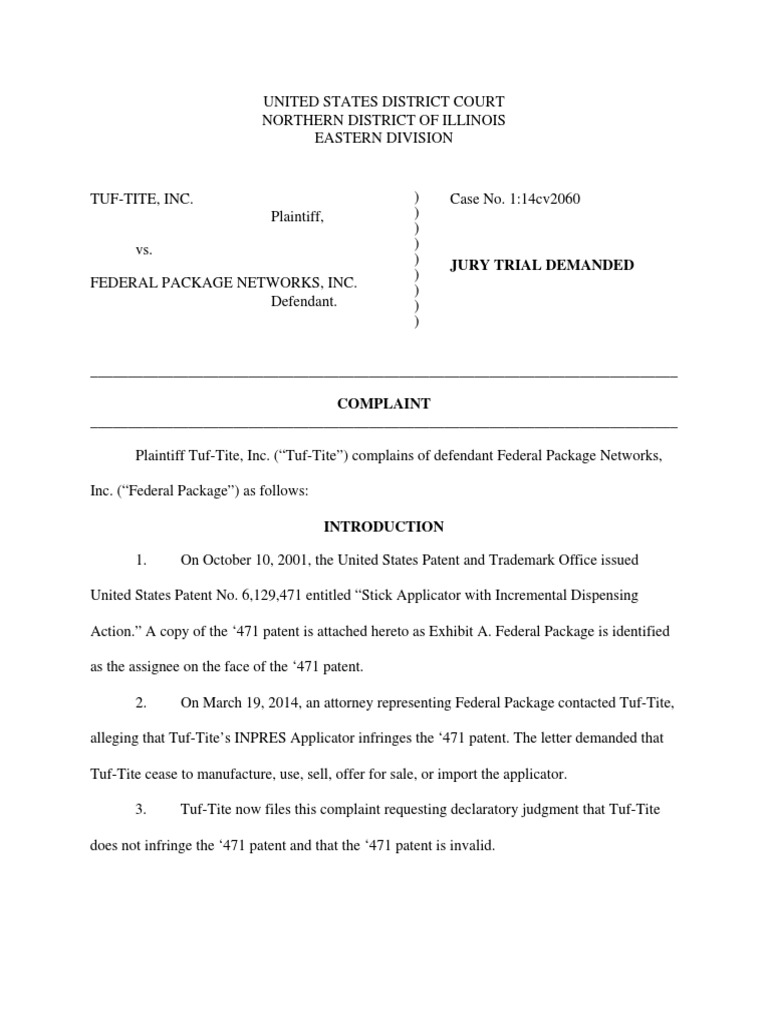 Tuf-Tite v. Federal Package Networks | PDF | Declaratory Judgment | Patent