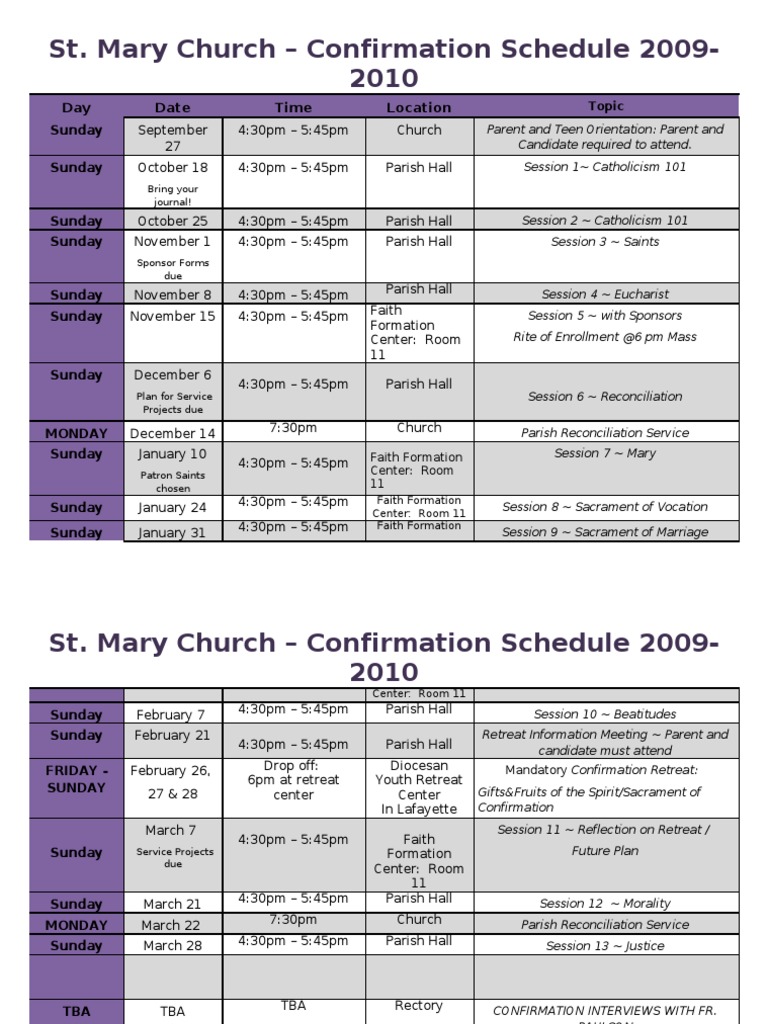 Confirmation Schedule 2009-2010 | PDF | Confirmation | Catholic Church