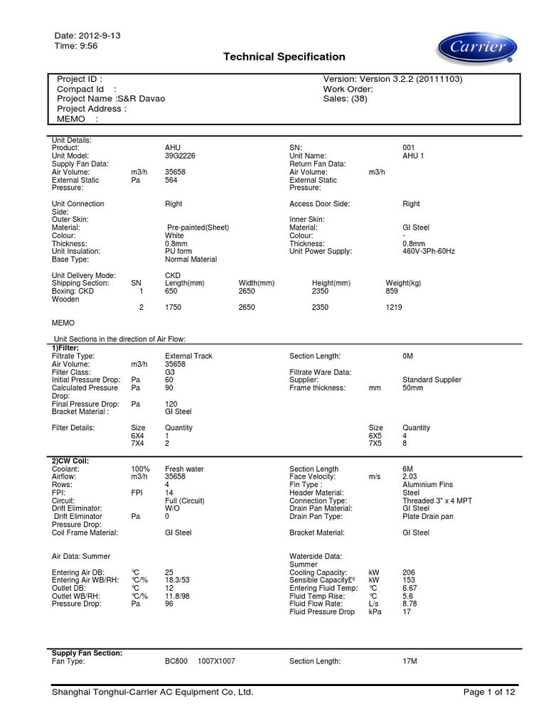 AHU Technical Specification & Drawing | PDF | Pressure | Alternating Current
