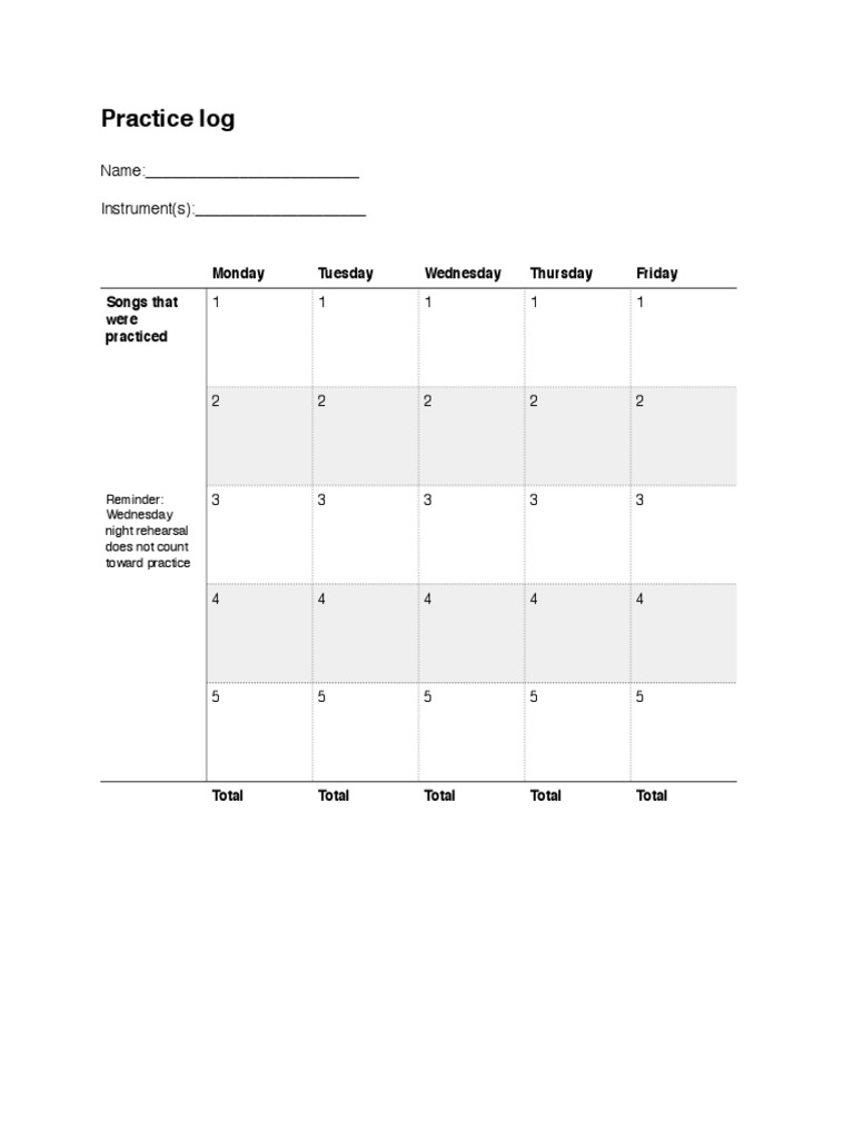 Weekly Music Practice Log Template | PDF | Language Arts & Discipline
