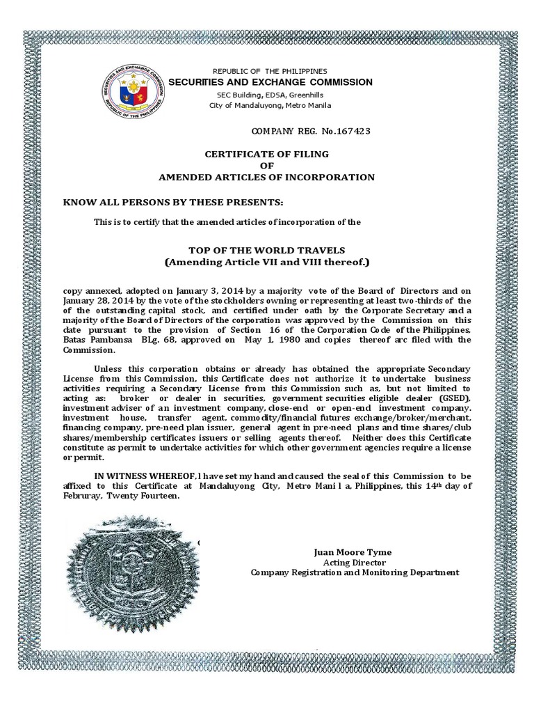 Certificate of Filing of Amended Aoi | PDF
