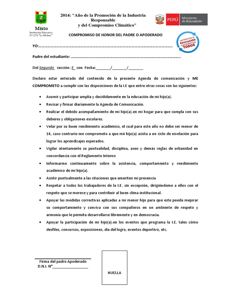 Compromiso de Honor Del Padre o Apoderado | PDF | Aprendizaje