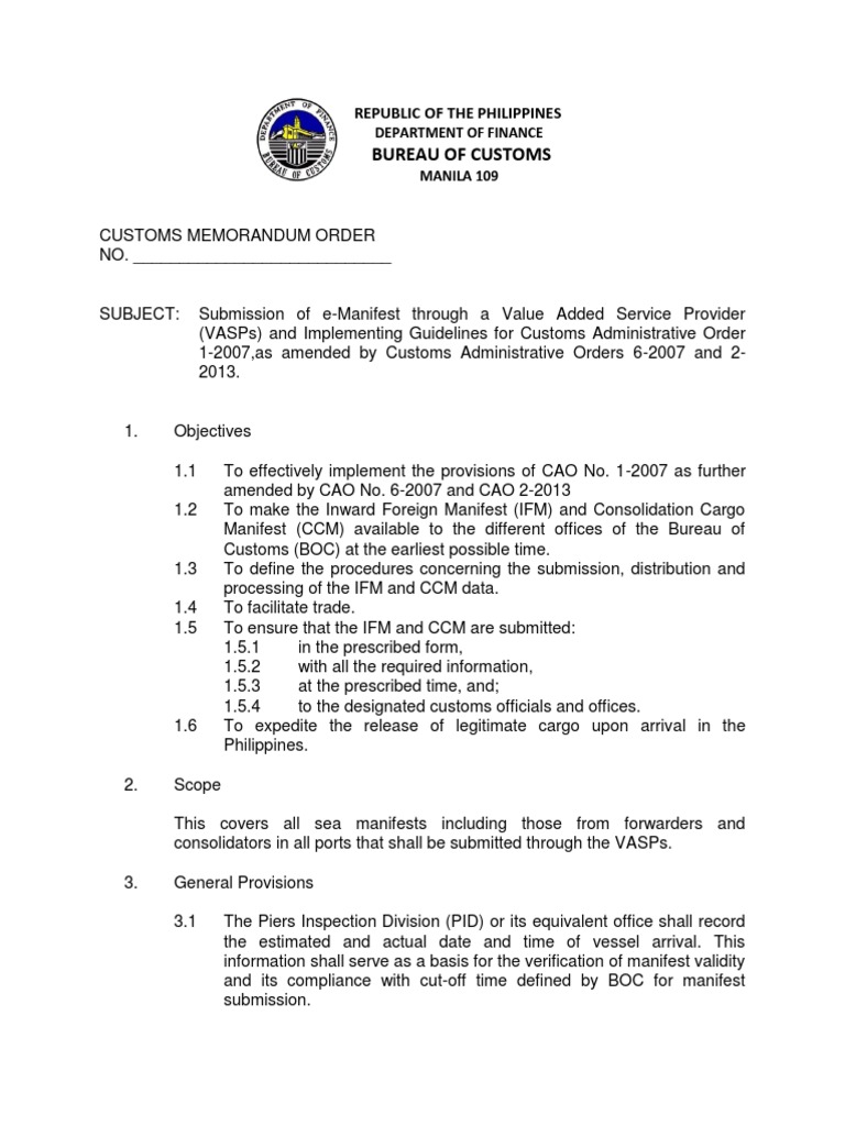 Draft Bureau of Customs memo on submission of e-manifest | Email ...