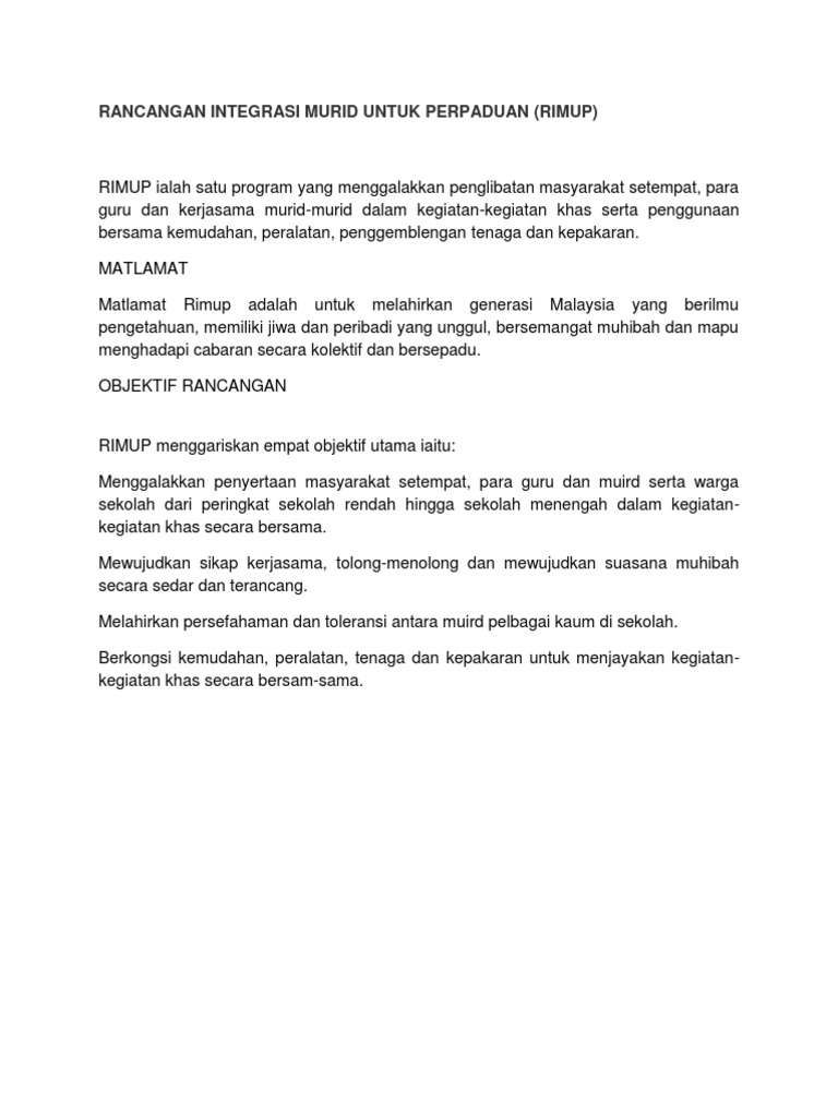 Rancangan Integrasi Murid Untuk Perpaduan (Rimup) | PDF | Karier ...