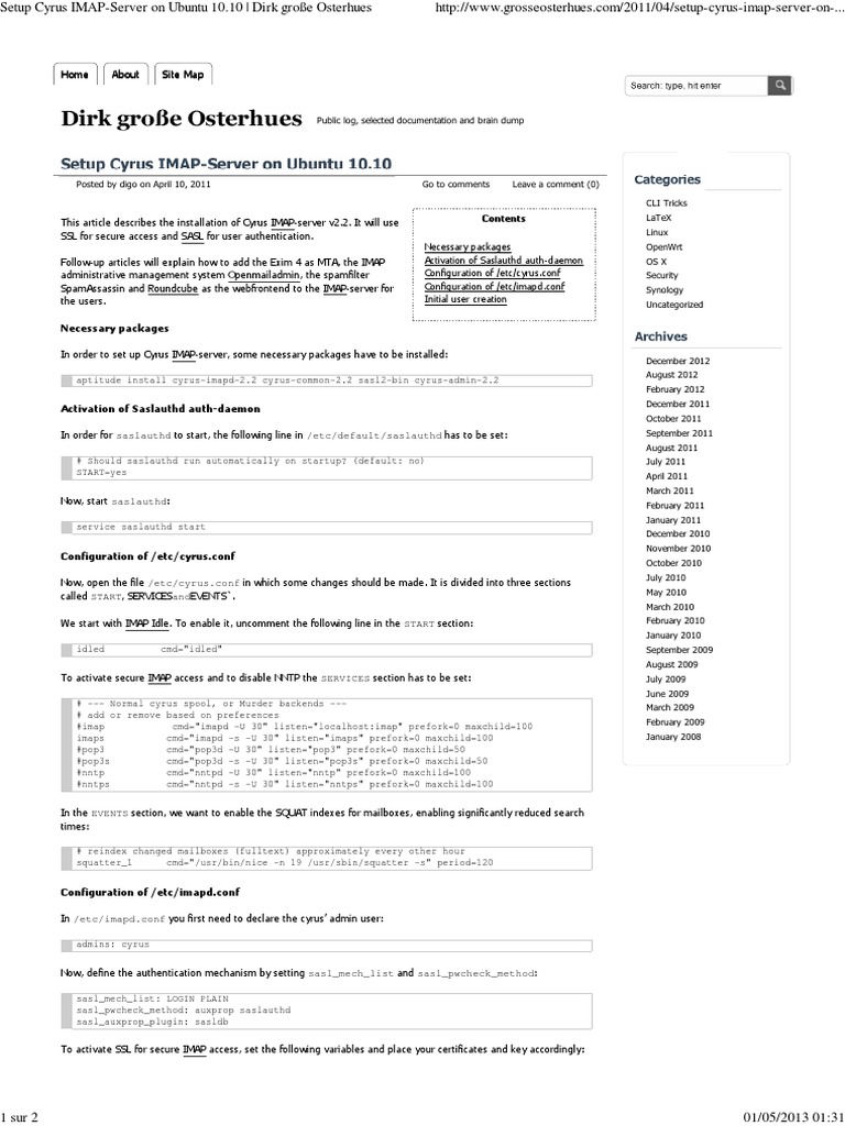 Setup Cyrus IMAP-Server On Ubuntu 10.10 - Dirk Große Osterhues | PDF ...