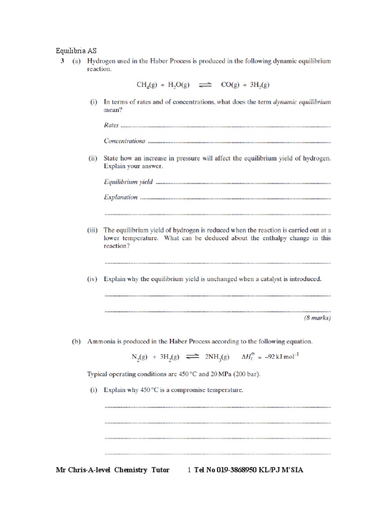 Chemical Equilibria AS Level Chemistry | PDF