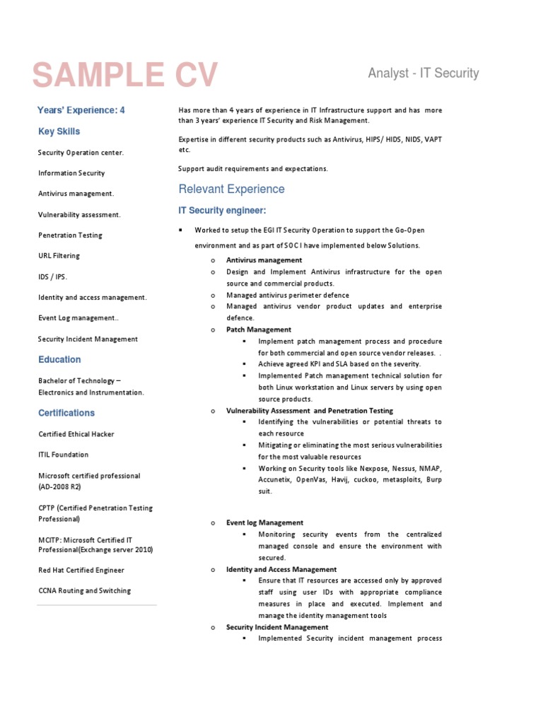 Analyst IT Security Sample Resume | PDF | Vulnerability (Computing ...