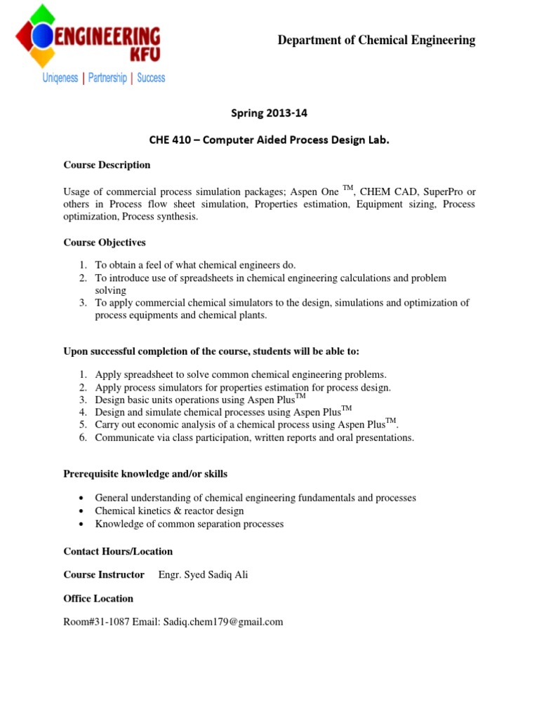 Course Outline CHE 410 | PDF | Chemical Engineering | Simulation