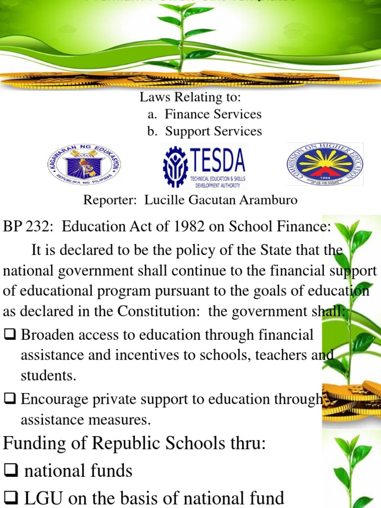 Laws Relating To Finance and Support Services of TESDA, CHED, Dep-Ed ...