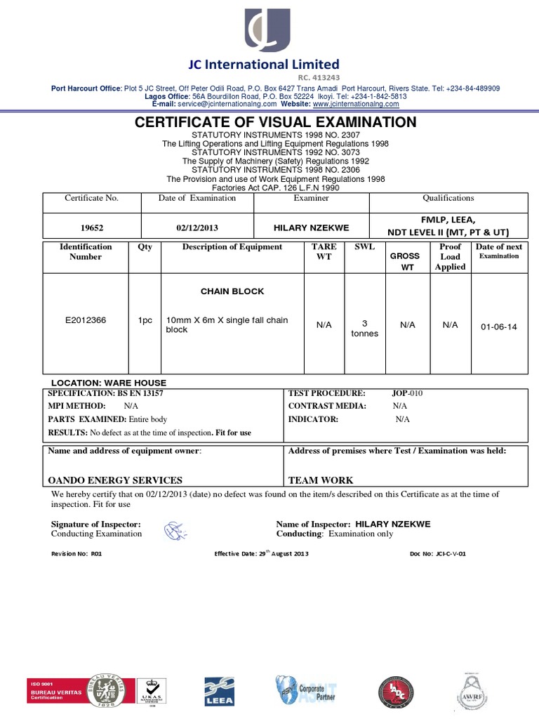 Certificate of Visual Examination: International Limited | PDF | Business