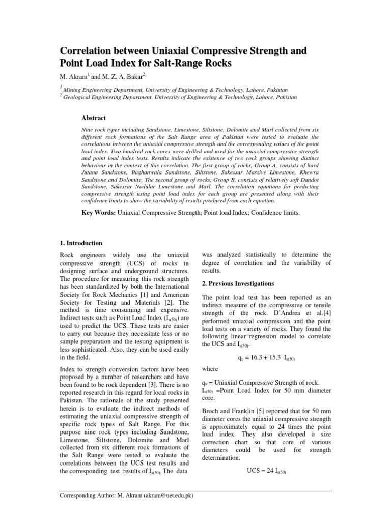 UCS and Point Load Index Correlation | PDF | Coefficient Of Variation ...
