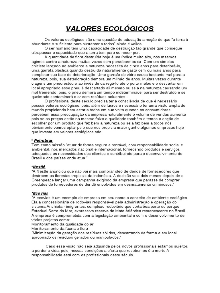 A importância dos valores ecológicos para a sustentabilidade do planeta ...