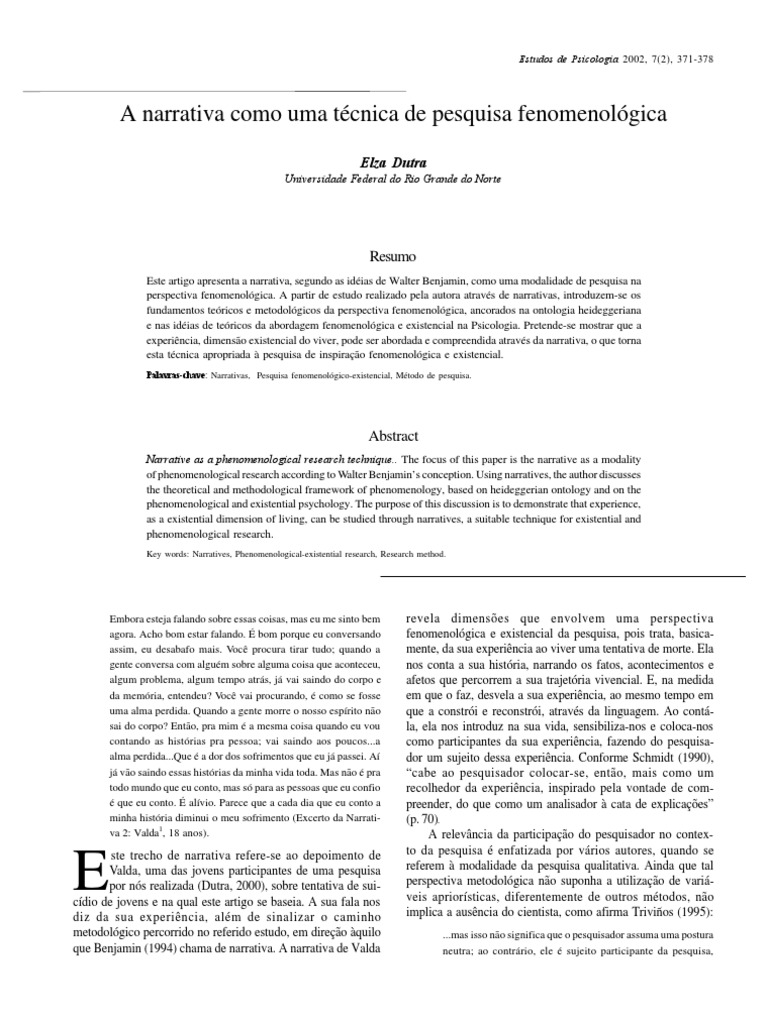 DUTRA, ELZA. A Narrativa Como Uma Técnica de Pesquisa Fenomenológica. | PDF