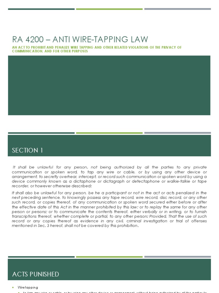 RA 4200 - Anti Wire-Tapping Law | PDF | Telephone Tapping | Crime ...