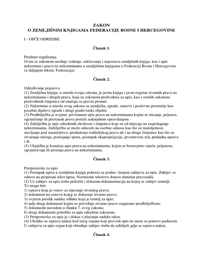 Zakon o Zemljišnim Knjigama FBiH | PDF