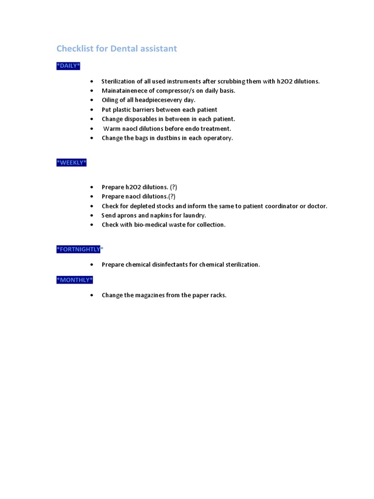 Checklist for Dental assistant.docx | Dentistry | Hygiene