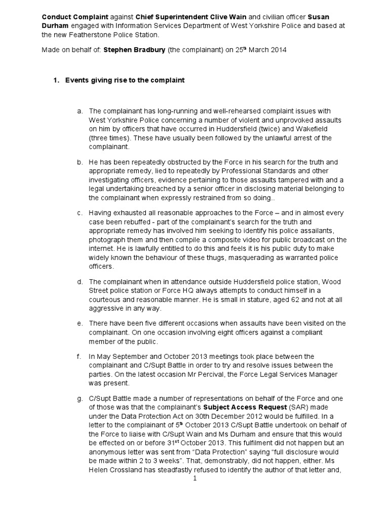 Bradbury Complaint Against West Yorkshire Police's C-Supt Clive Wain ...