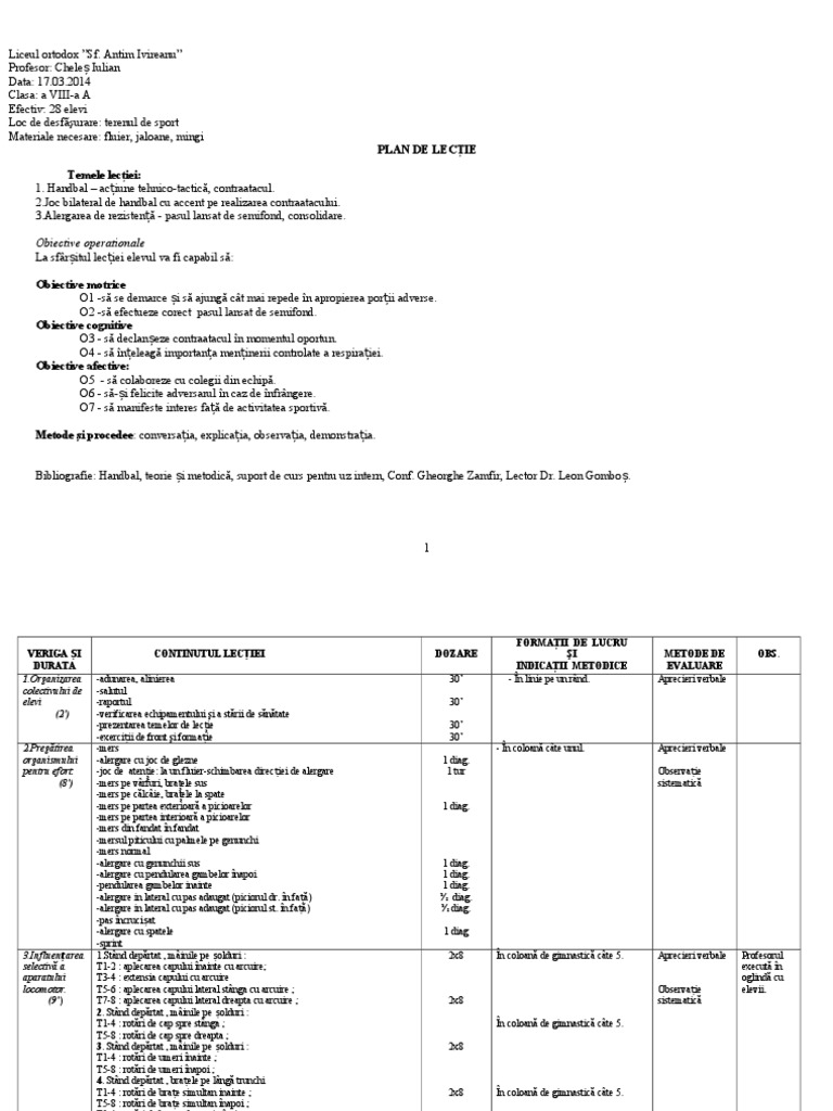 Plan de Lectie Cls VIII Educatie Fizica Si Sport | PDF