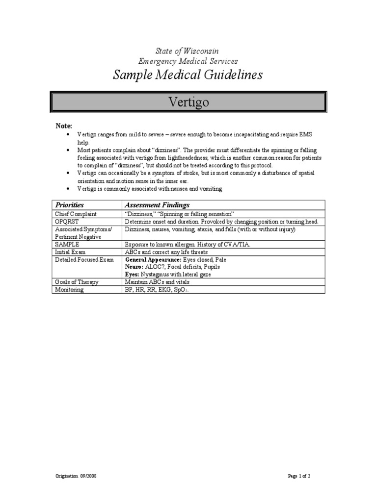 Sample Medical Guidelines: Vertigo | PDF | Vertigo | Nausea
