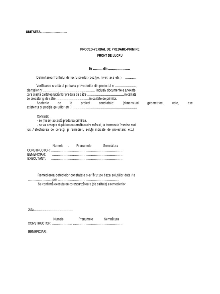 PV Predare Primire Front Lucru | PDF