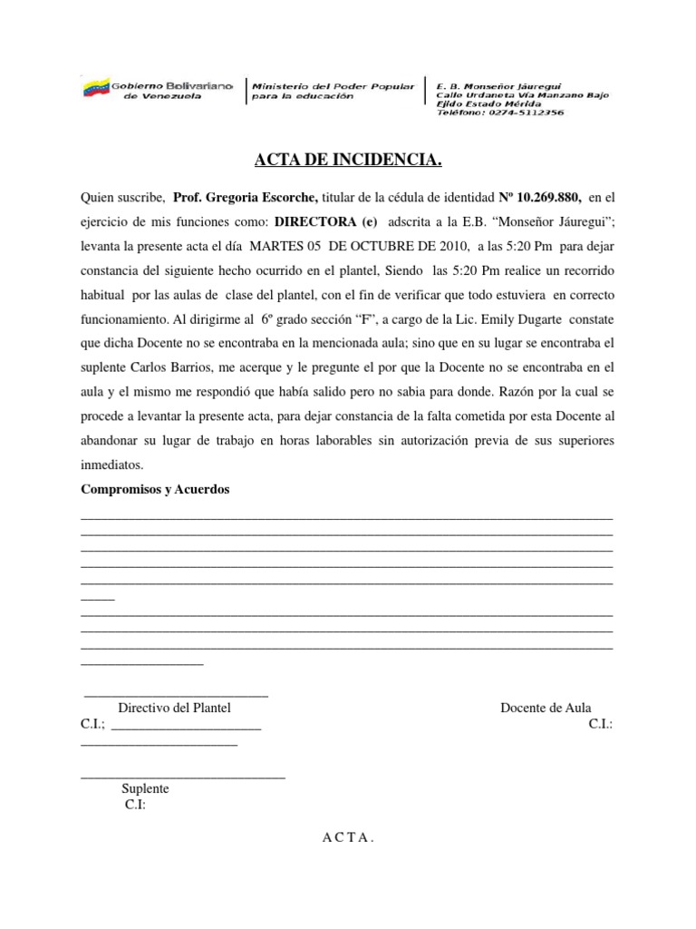 Acta de Incidencia Yuli | PDF | Maestros | Alimentos