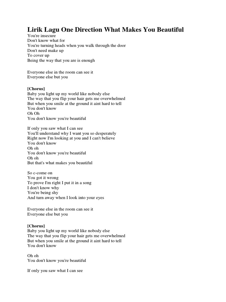 One Direction: What Makes You Beautiful Lyrics | PDF