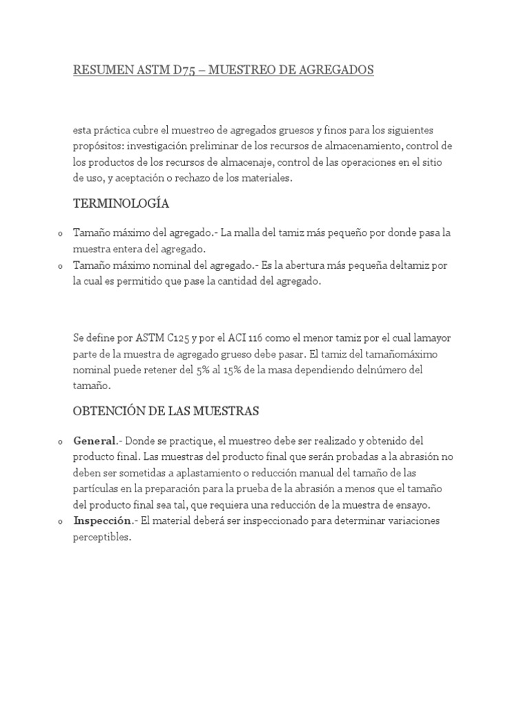 Resumen Astm d75 | PDF | Aleatoriedad | Muestreo (Estadísticas)