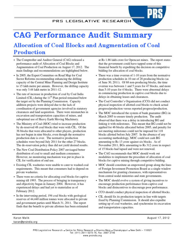 CAG Coal Block Allocation Report Summary | PDF | Government | Business