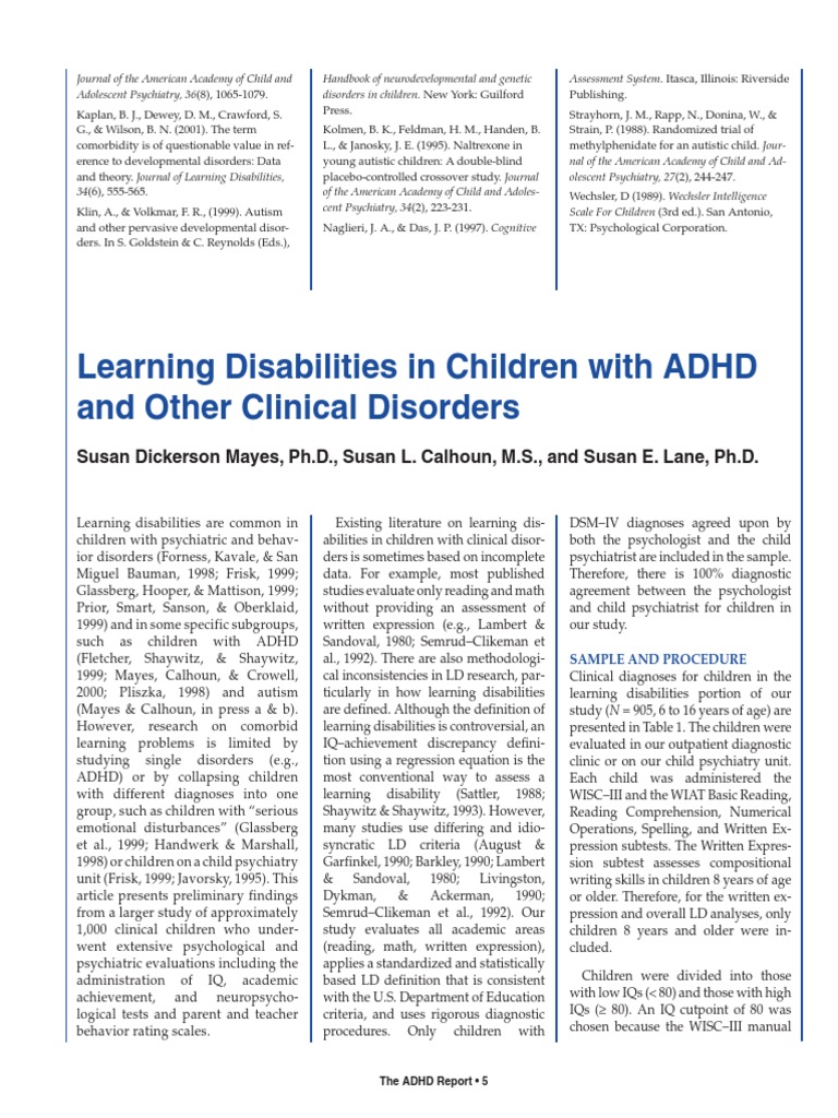 Learning Disabilities in Children With ADHD and Other Clinical ...