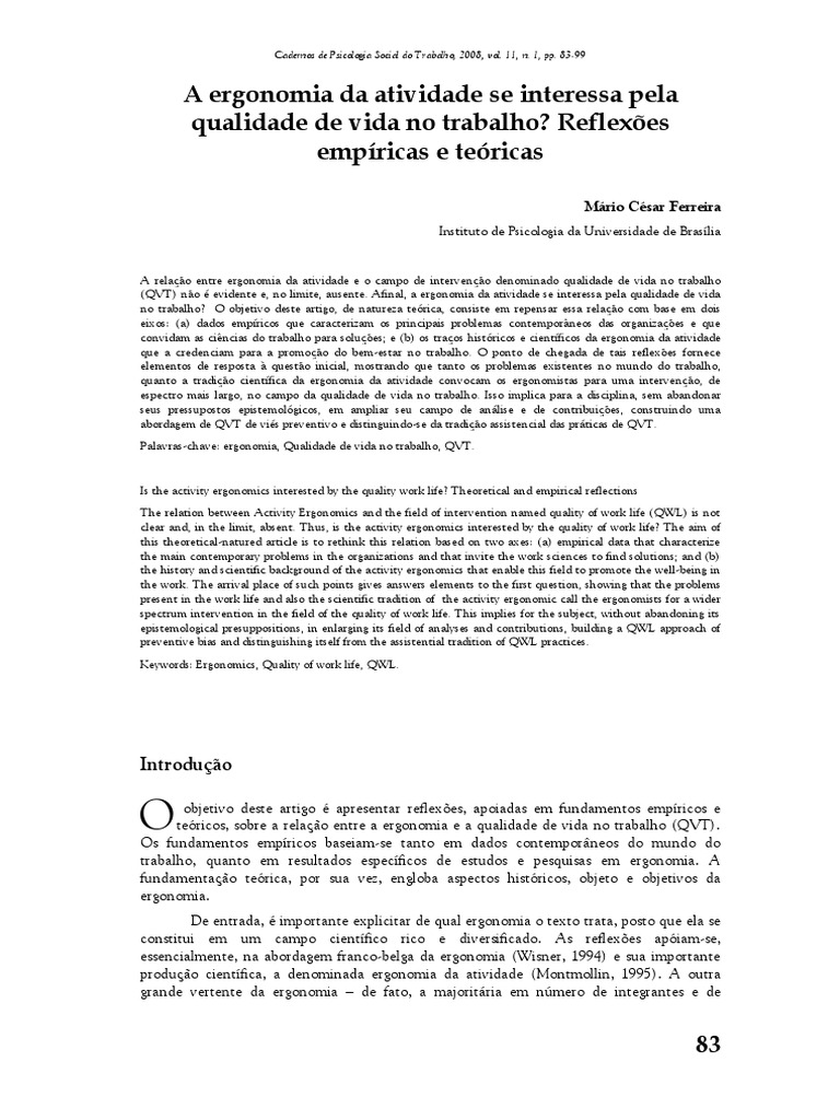 Ergonomia Da Atividade e QVT - Mário César Ferreira PDF | PDF | Fatores ...