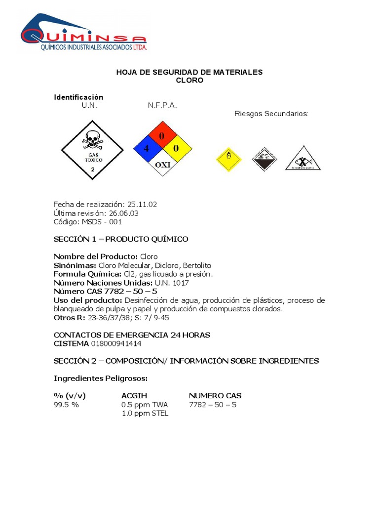 Hoja de Seguridad de Materiales de Cloro PDF | PDF | Hidrógeno | Amoníaco