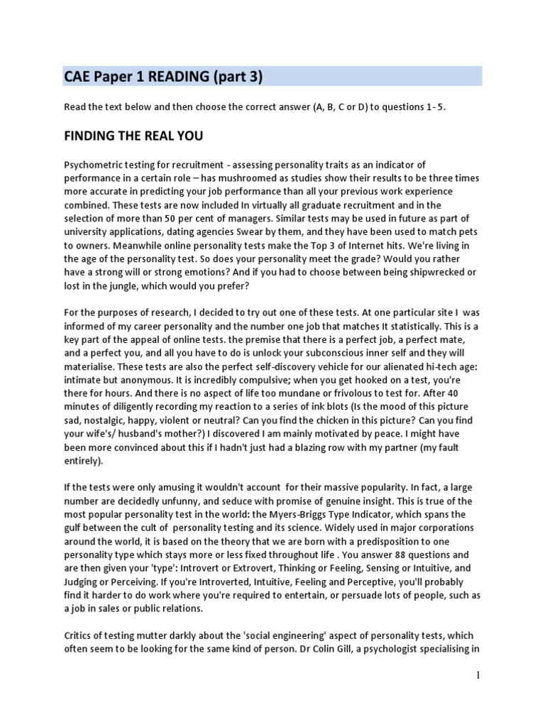 CAE Paper 1 Reading 1 | PDF | Extraversion And Introversion | Applied ...