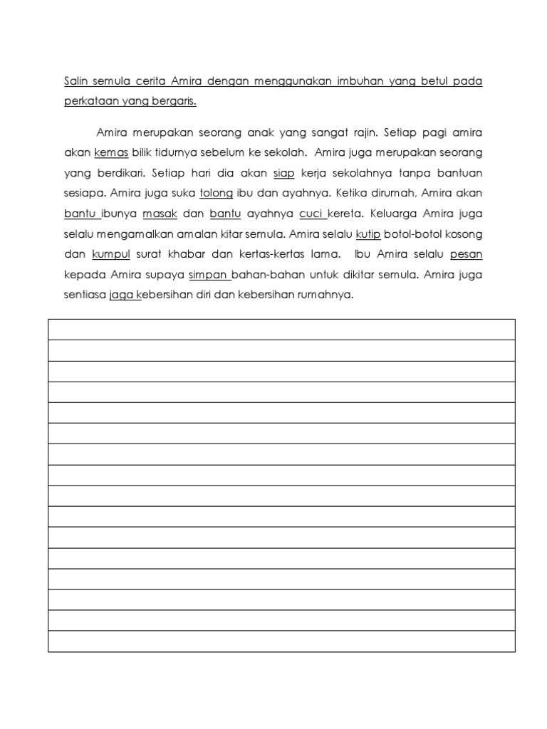 Salin Semula Cerita Amira Dengan Menggunakan Imbuhan Yang Betul Pada ...