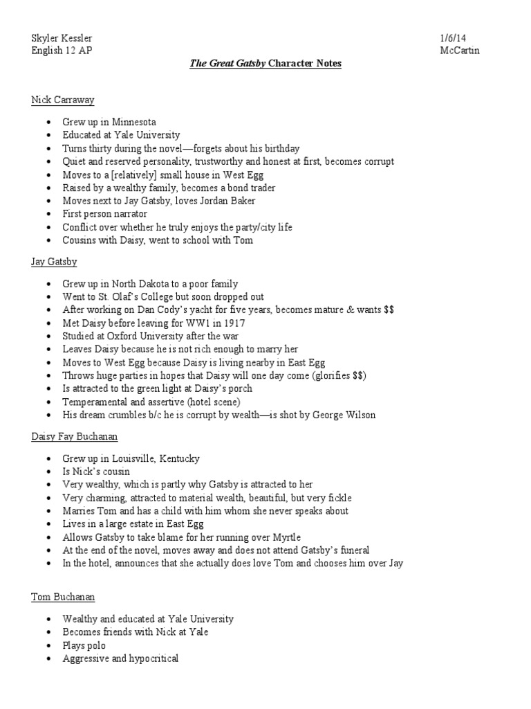 The Great Gatsby Character Notes | PDF | The Great Gatsby | Unrest