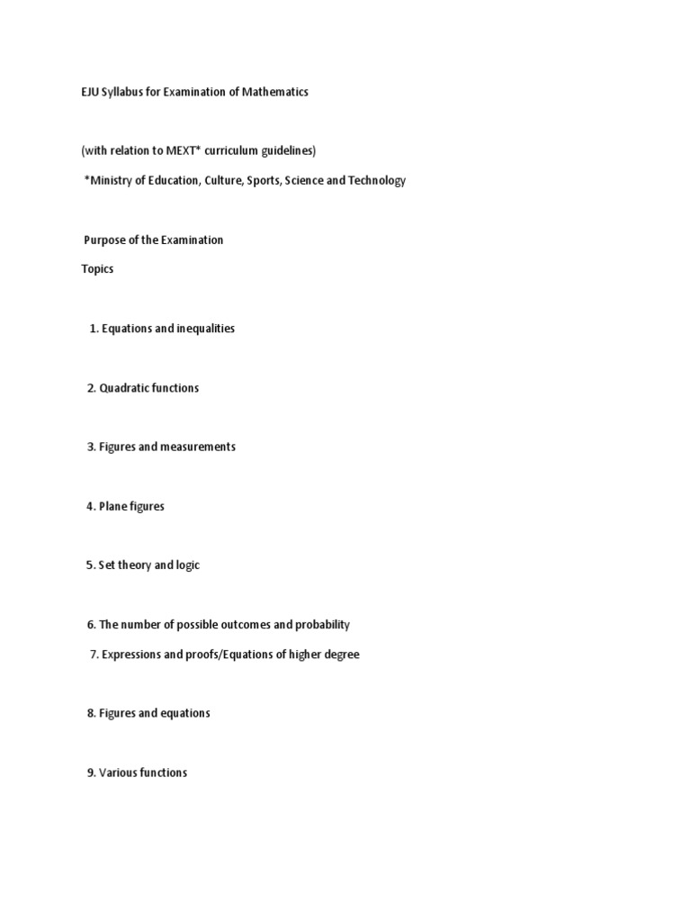 EJU Syllabus For Examination of Mathematics | PDF | Trigonometric ...