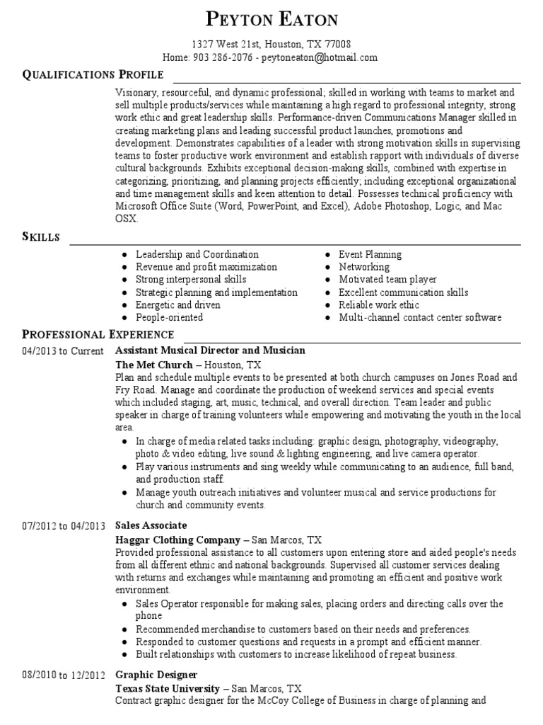 Peyton Eaton Resume 1 | PDF | Leadership | Sales