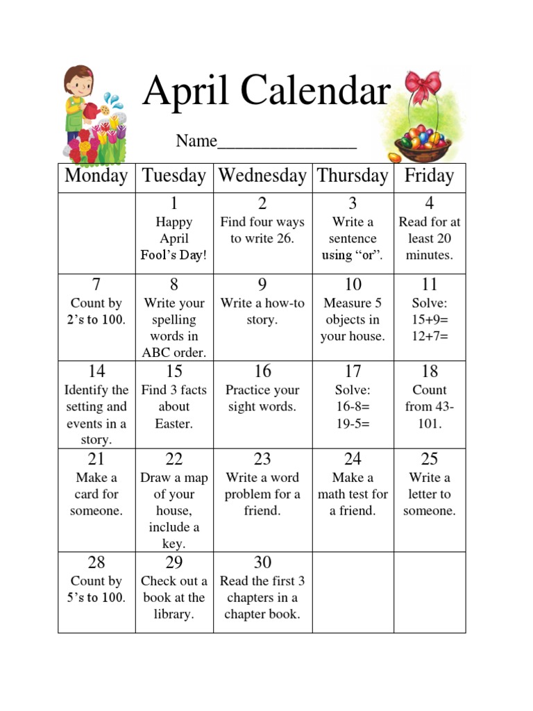 April Educational Activities Calendar | PDF