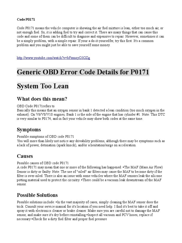 P0171 Code: Causes, Symptoms, Solutions | PDF