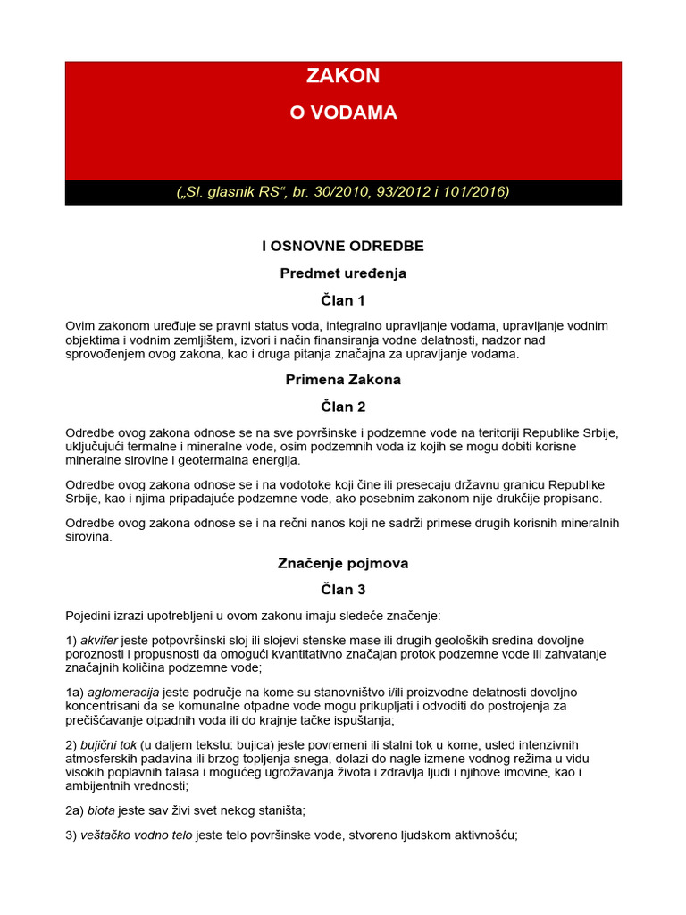 Zakon o Vodama-Sl - Glasnik RS, br.30-2010, 93-2012 I 101-2016 | PDF