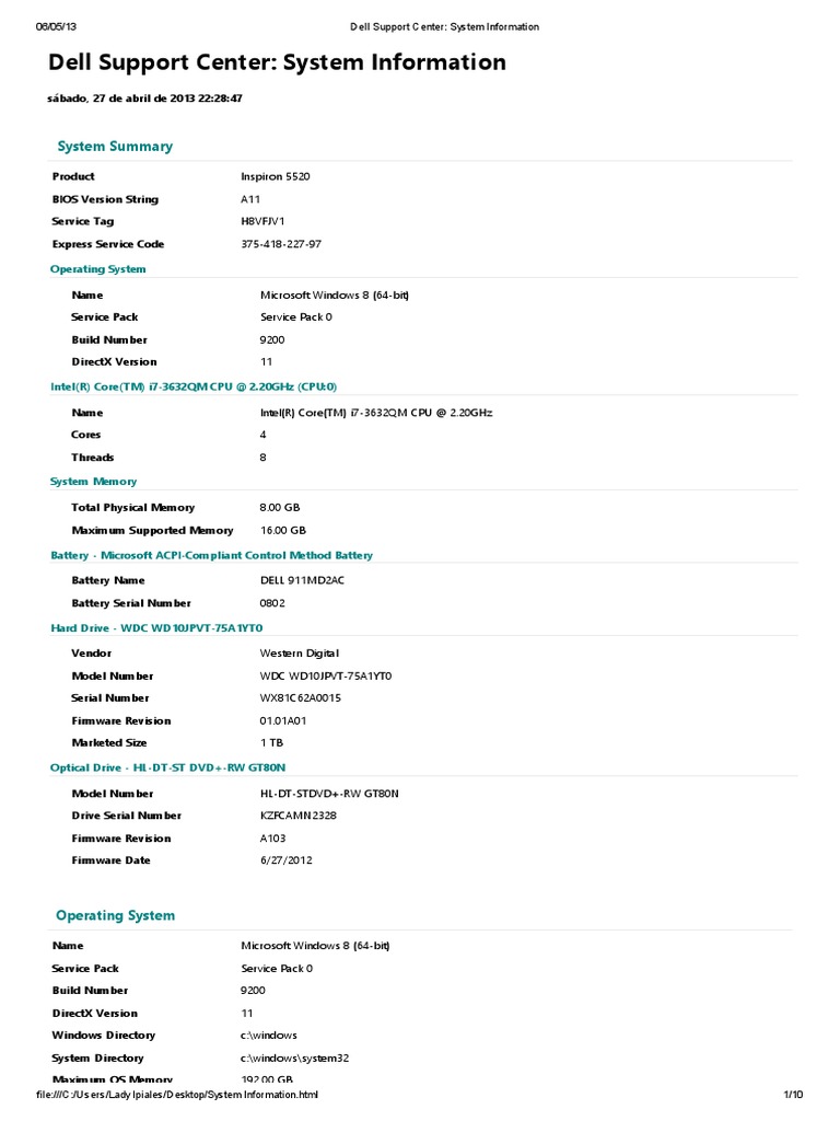 Dell Support Center - System Information | Download Free PDF ...
