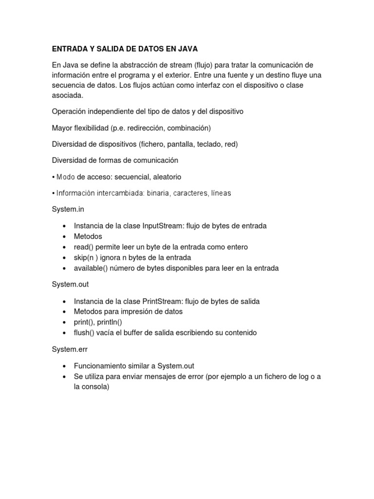 Entrada y Salida de Datos en Java | PDF | Archivo de computadora | Java (lenguaje de programación)